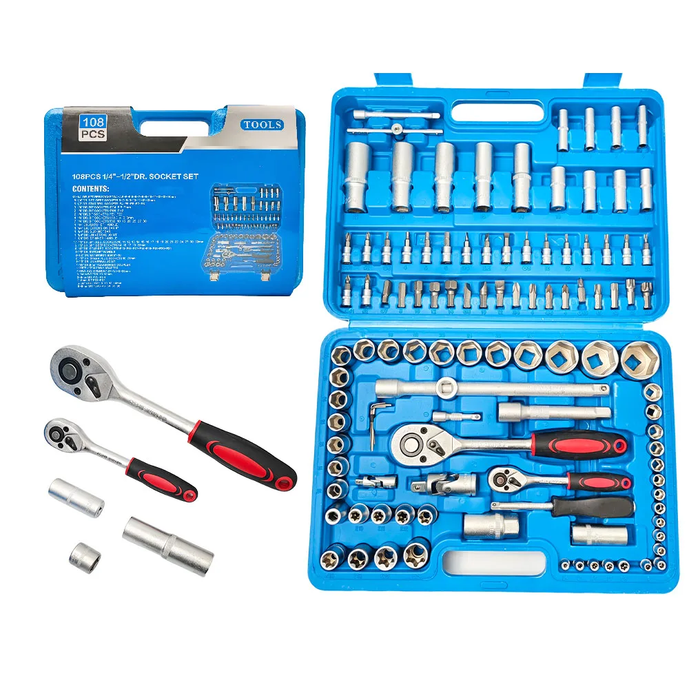 108pcs Drive Socket Set Box Ratchet Wrench Tool Set with Sockets Metric ...