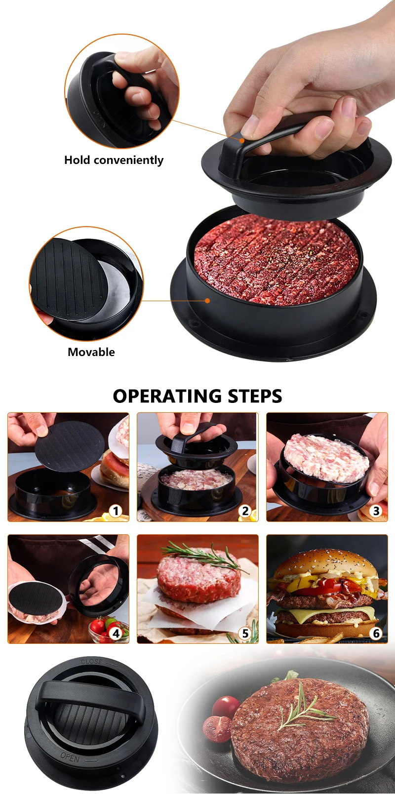 3 in 1 PP Meat Beef Pork BBQ Grill Tool Burger Presse Hamburger Mold ...