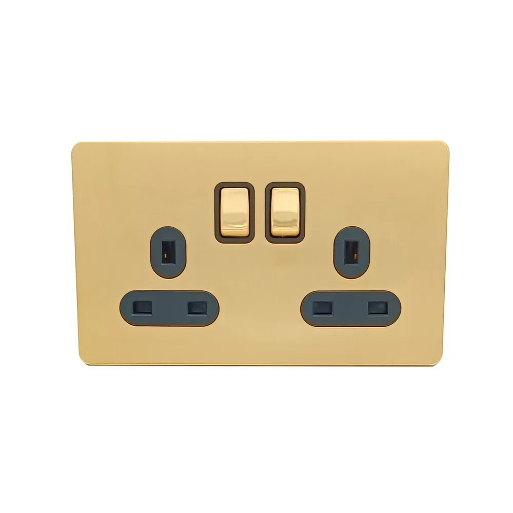 Gold UK Socket Brass Double Socket 2 USB With ON/OFF Switch Stainless ...
