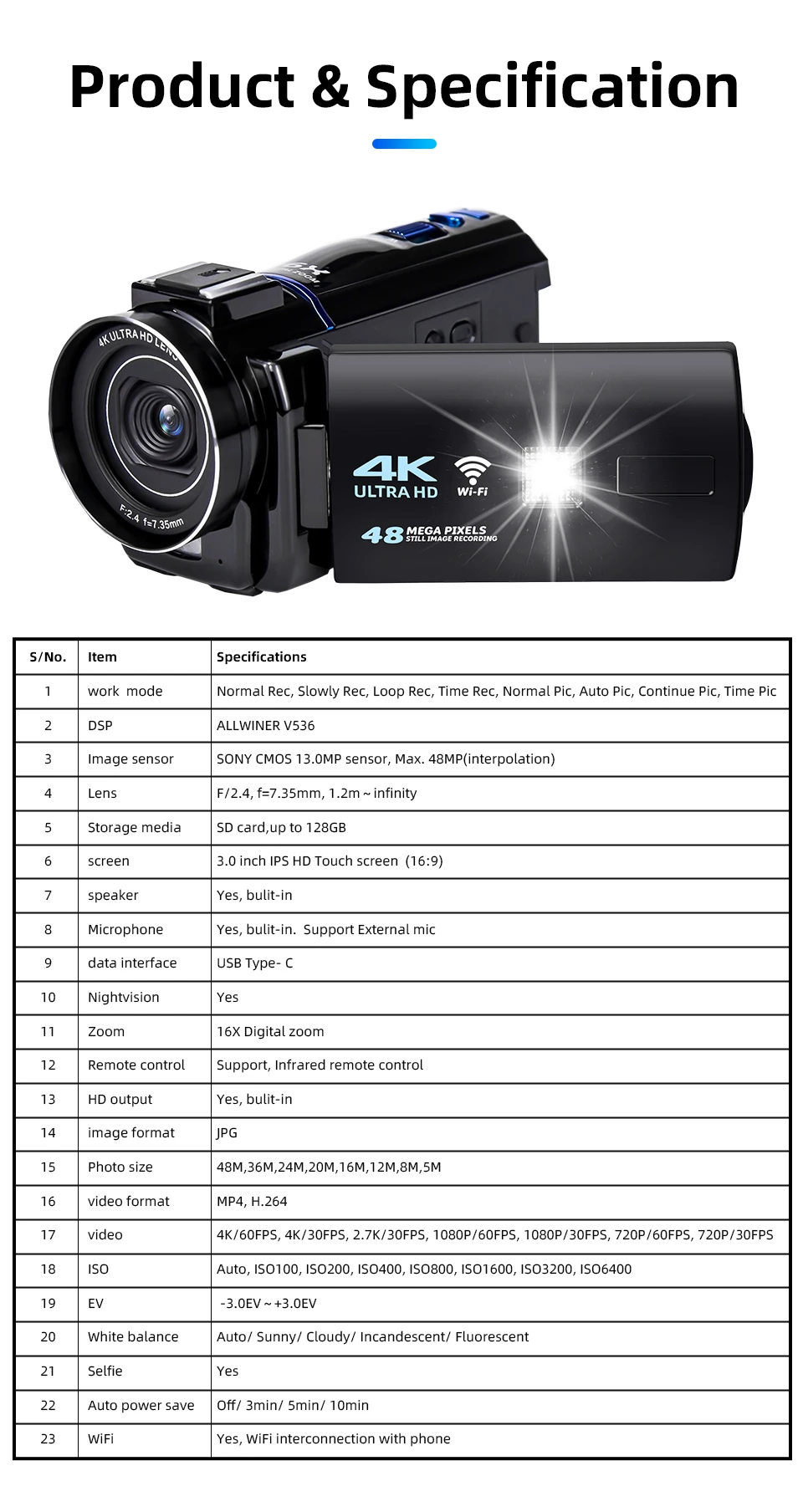 Professional 4K Digital Video Cameras Recorder with Wifi 48mp 16x ...