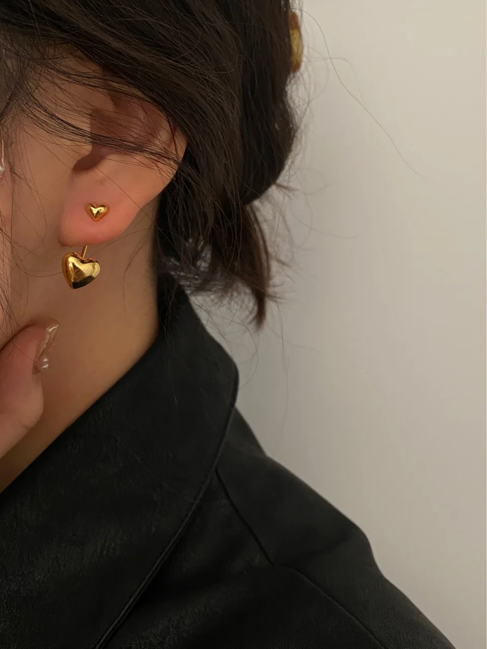 Classic Korean Chunky 18k Silver Gold Plated Double Heart Stud Earrings 925 Sterling Silver Pin ...