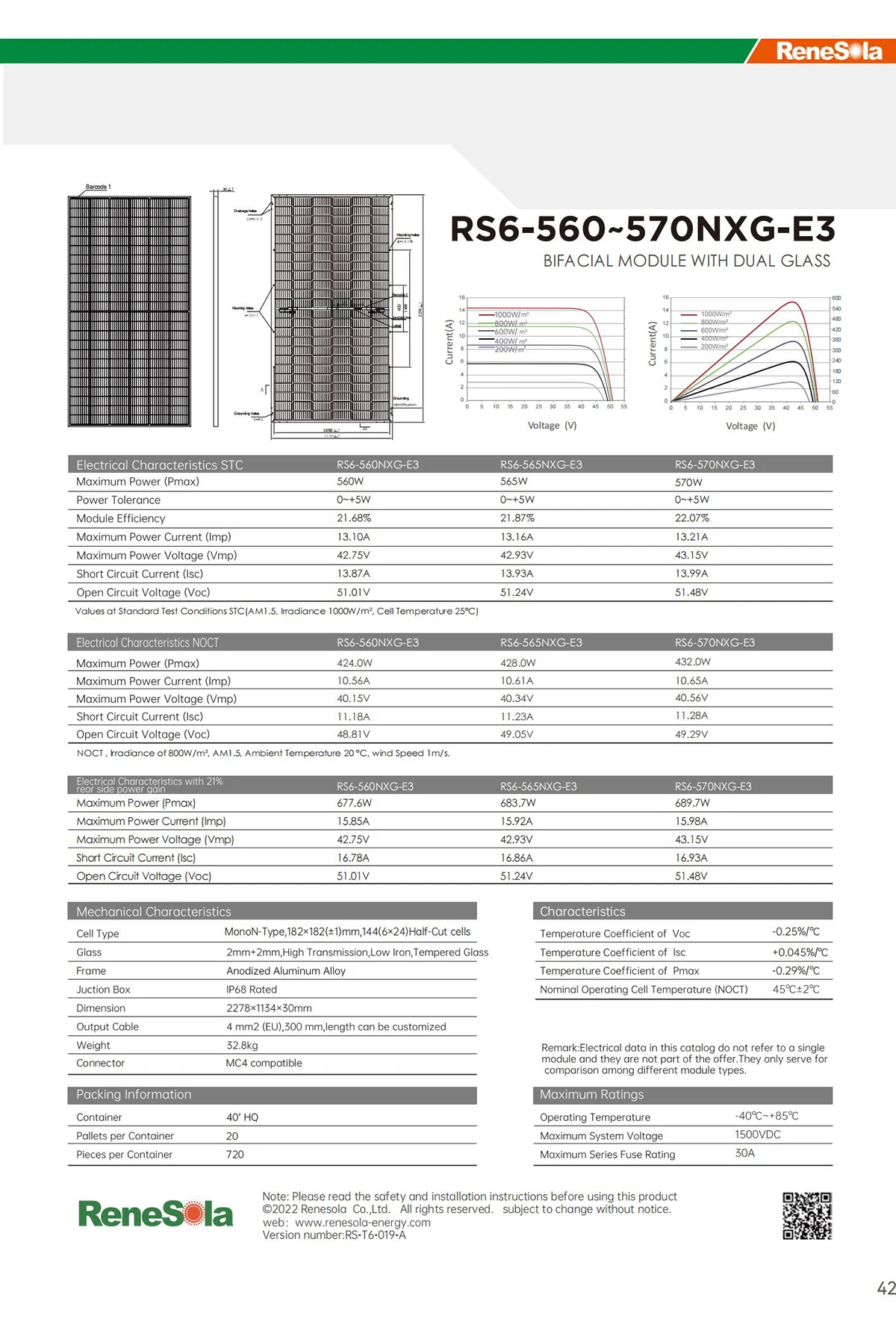 Tier 1 N Type Renesola Pv Module 560 Watt 570w 565w All Black Bifacial ...