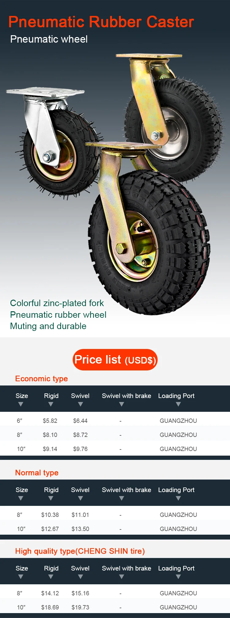 6" 8" 10" Inflatable Wheel Pneumatic Casters Pump Caster Trolley Wheels ...