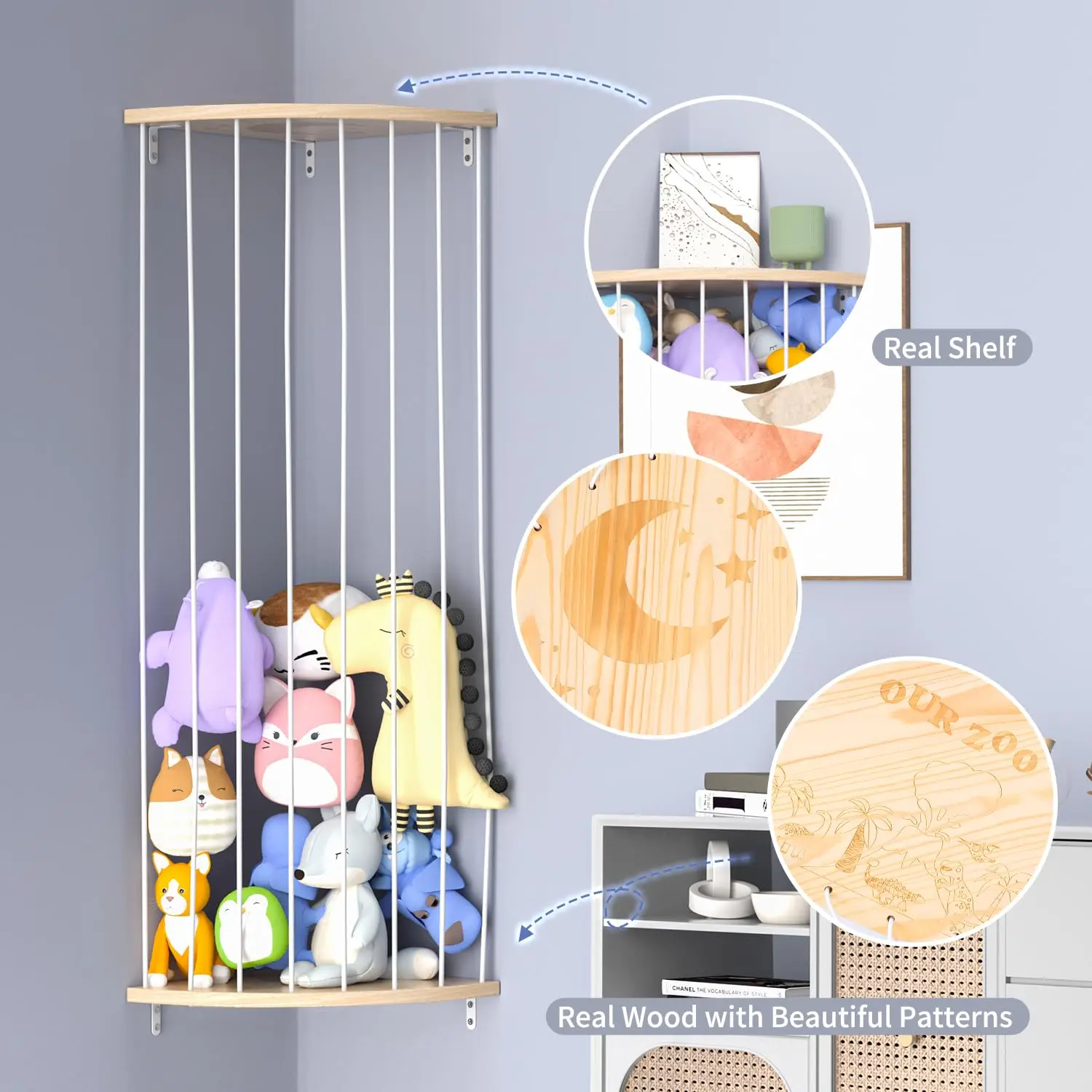 202405 Wood Corner Toy Storage Stuffed Animal Storage for Kids Bedroom ...