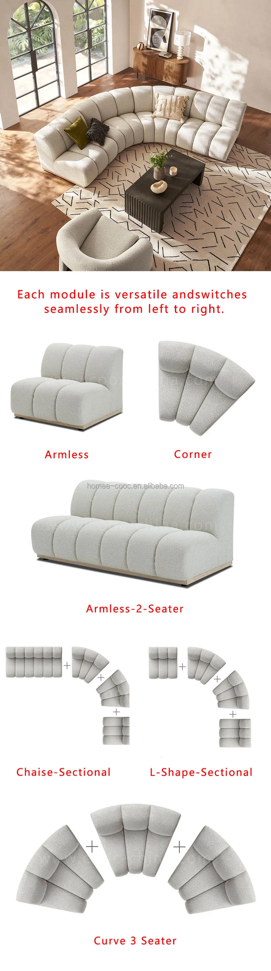 Modern Luxury White Boucle Floor Lounge Curved Couch Sofa Set