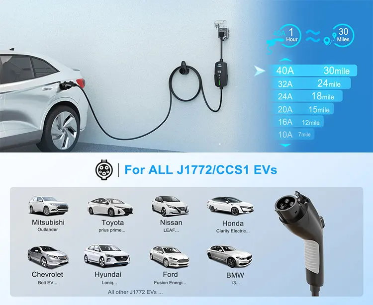 40a 240v 9.6kw Level2 Type 1 Nema 14-50 Plug J1772 25ft Charging Cable ...