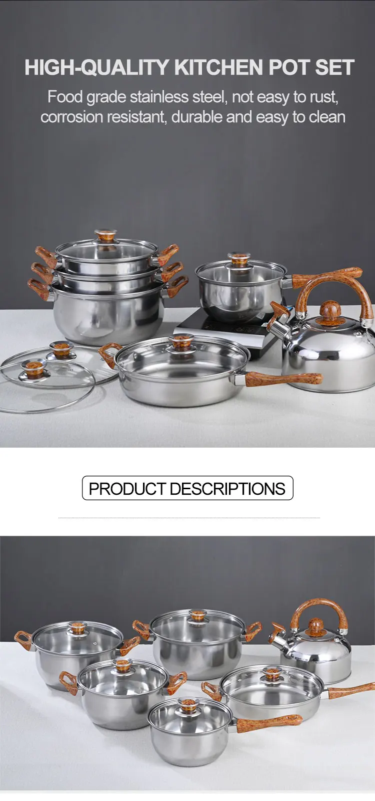 12 Piece Kitchen Cooking Pot Sets With Kettle Stainless Steel Cookware ...