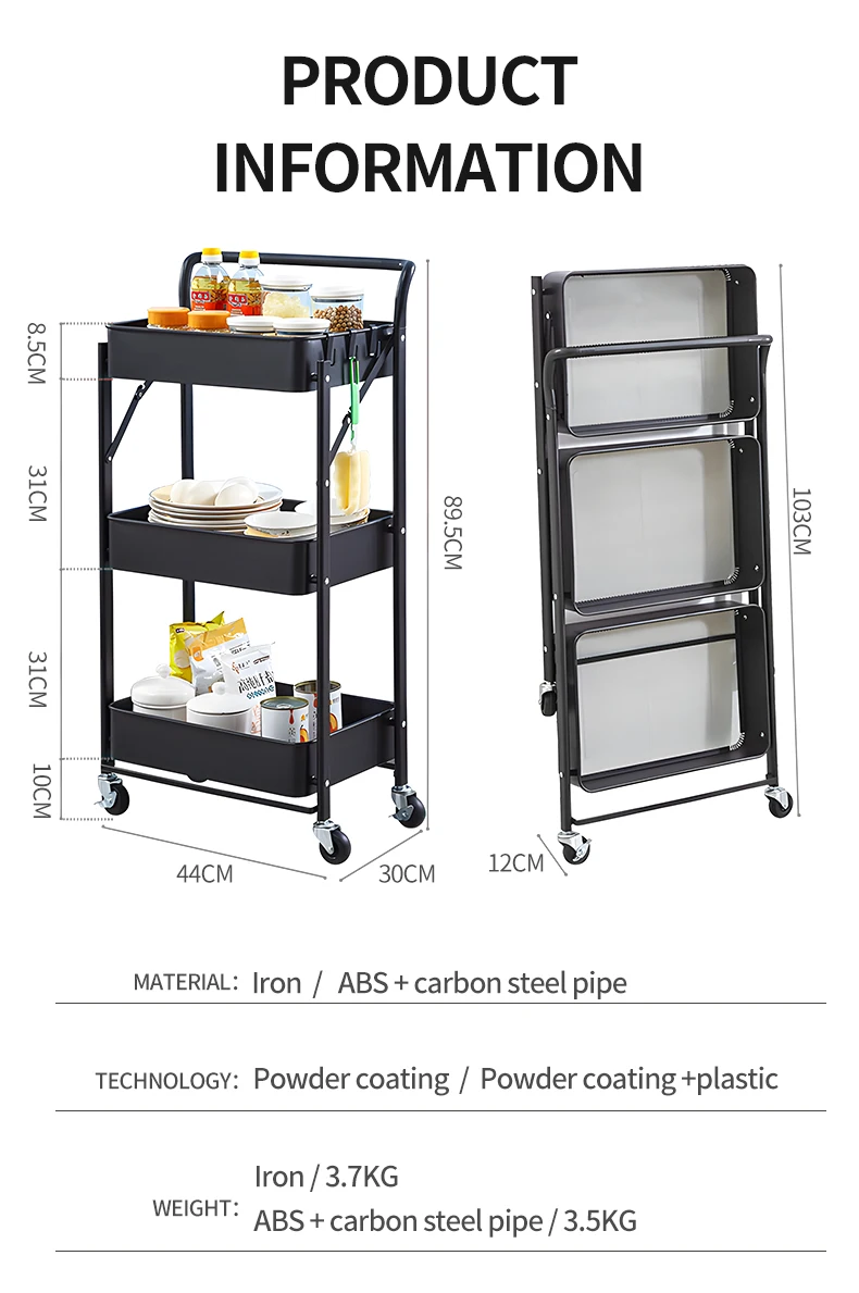 3 Tier Folding Utility Organizer Multifunction Trolley Cart Rolling Abs ...