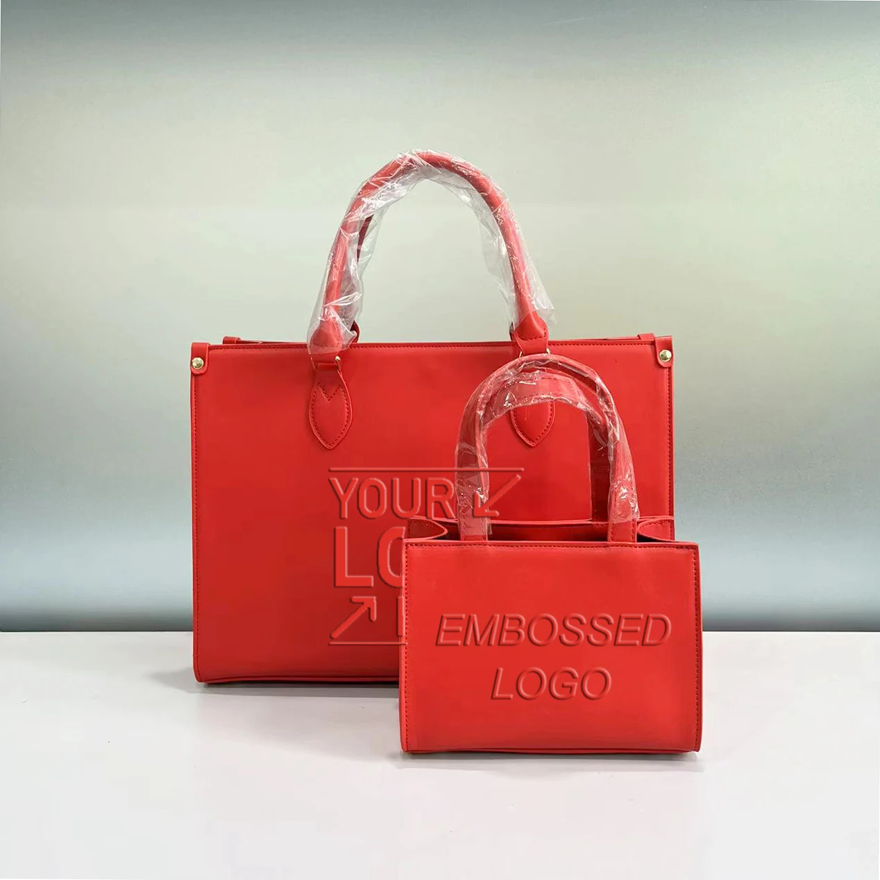 Custom Embossed Logo Vegan Leather Purse Red Tote Bags Ladies Purses ...