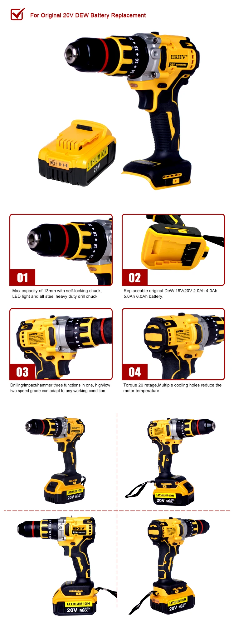 20v 21v 13mm Impact Screwdriver Cordless Drill Impact Electric Power ...