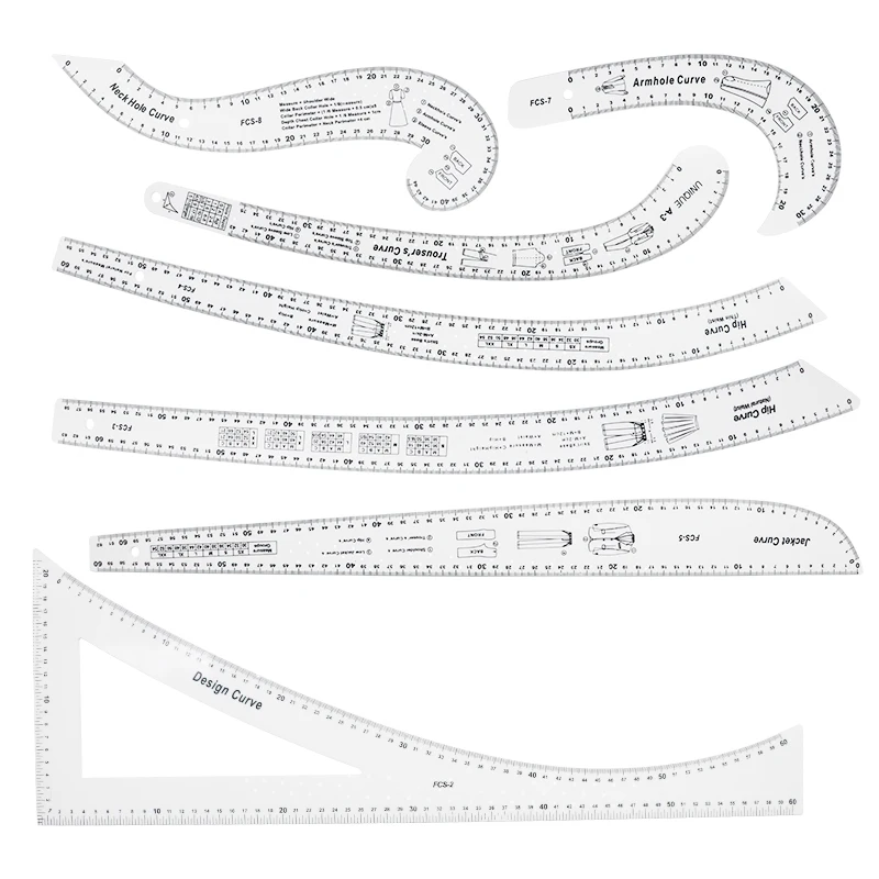 7-Piece Acrylic Clothing Ruler Design Plate Cutting Grading Ruler Curve ...