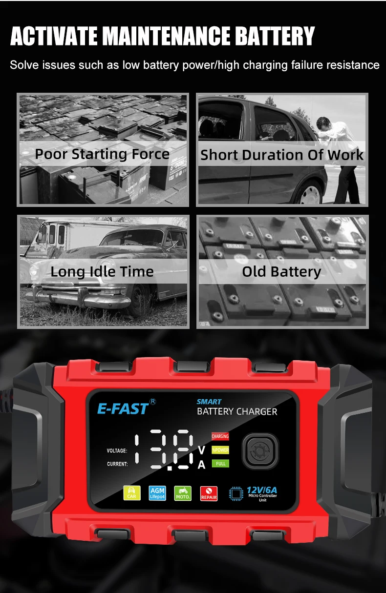 Intelligent Pulse Repair Charger - 12V6A Battery Charger