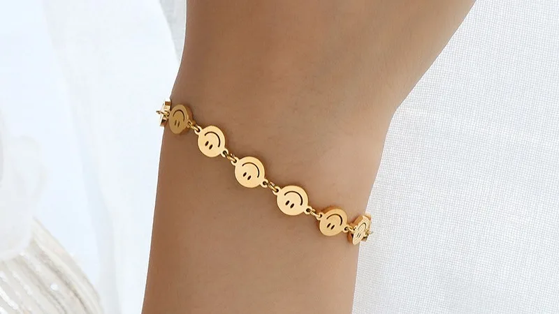 Fashion Stainless Steel Smiley Disc Bracelet Lucky Jewelry 18k Gold ...