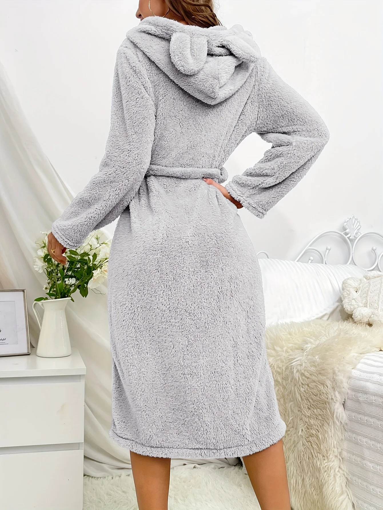 Solid Fuzzy Hooded Night Robe Cute Long Sleeve Robe Blanket With ...