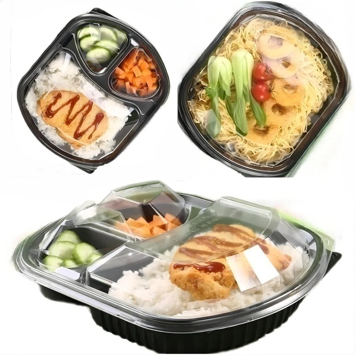 Microwavable 3-Compartment Black Bento Lunch Box Disposable PP Plastic ...