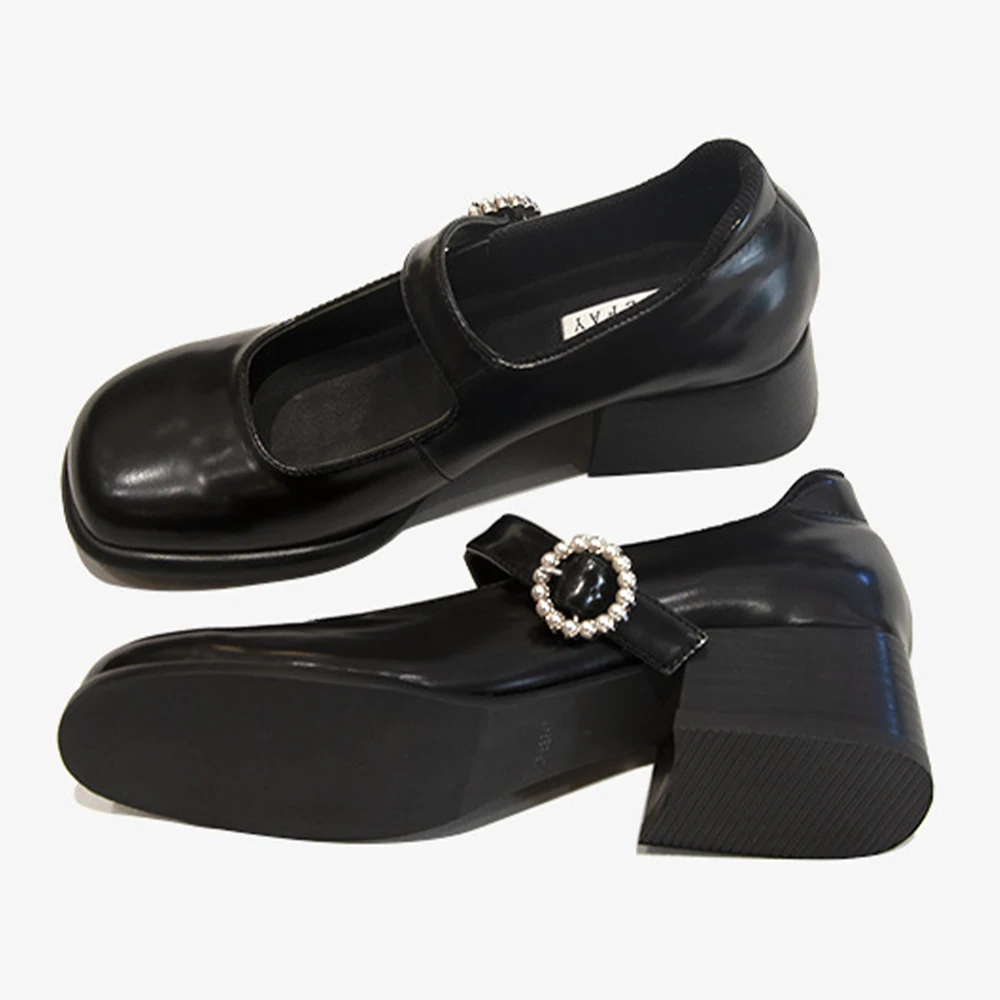 Black Belt Buckle Small Leather Shoes Women's Thick Bottom Open Side ...