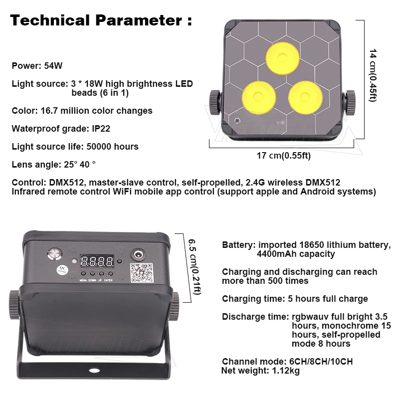 Marslite Uplights Battery Wireless 3*18W RGBWA+UV for Weddings