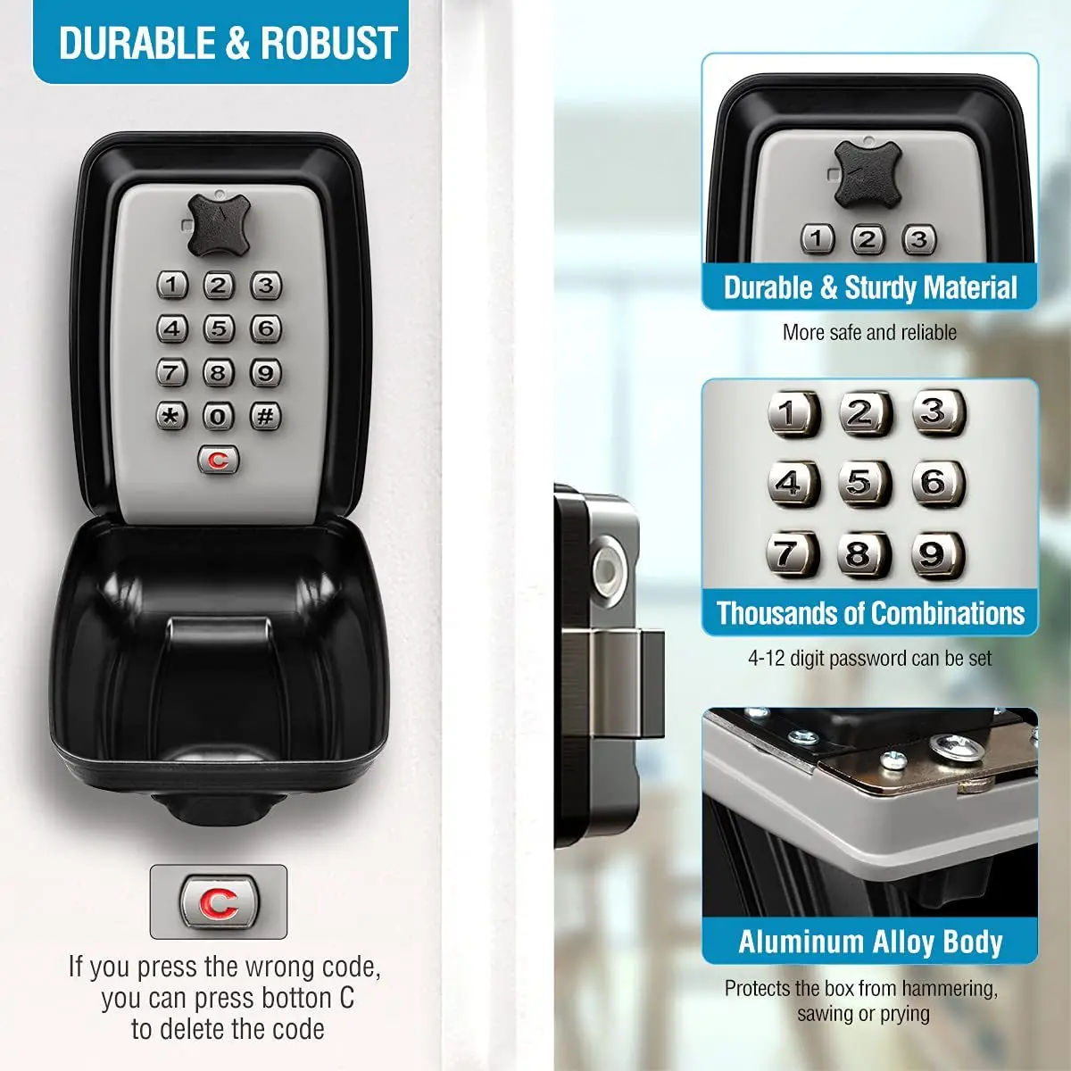Outdoor Large Key Lock Box with Resettable 12-Digit Code Zinc Alloy Key ...