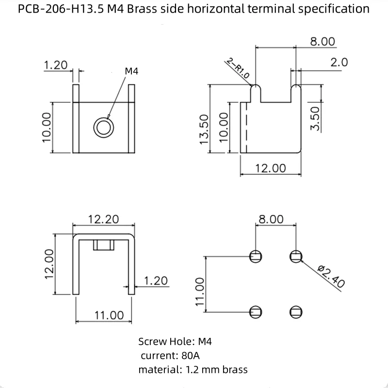 PCB 206-H13.5 M4 Brass side horizontal terminal Solder wire Weld terminal base board wiring ...