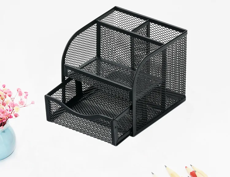 Office Supplies Metal Mesh Desk Organizer with 3 Compartments 1 Drawer ...