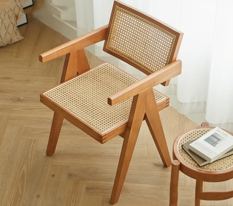 Rattan Wabi-sabi Style Dining Chair Household Solid Wood Backrest Log ...