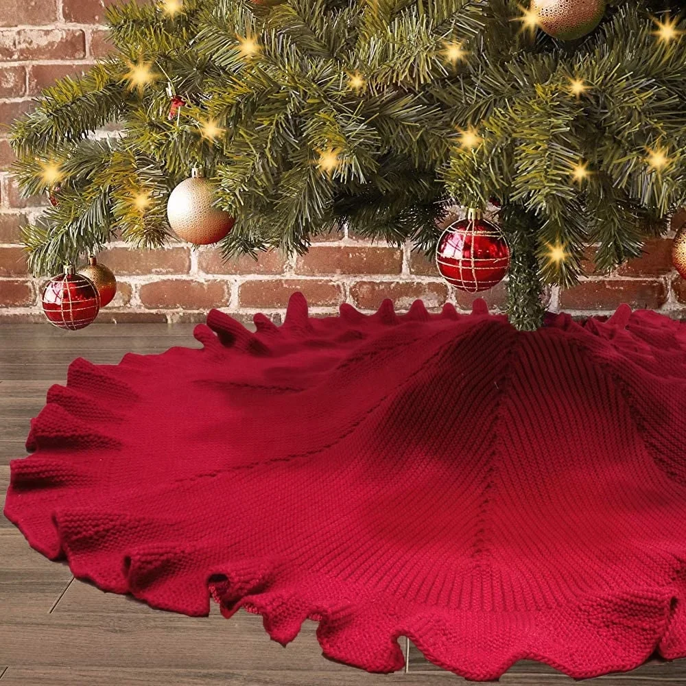 Christmas Tree Bottom Decorations Dark Red Striped Acrylic Knitted ...
