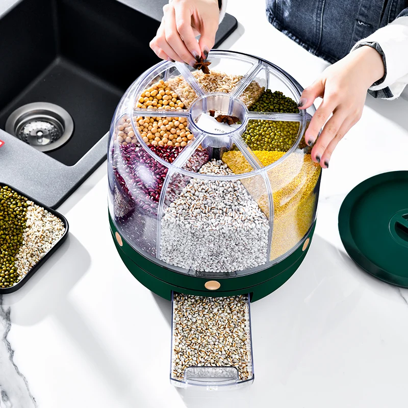 Round Dry Food Dispenser 360 6-in-1 Rotating Plastic Grain Storage ...