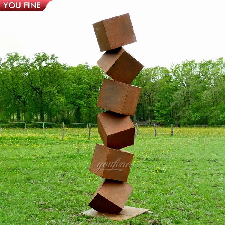 Outdoor Modern Abstract Corten Steel Rusty Garden Cube Tower Sculptures