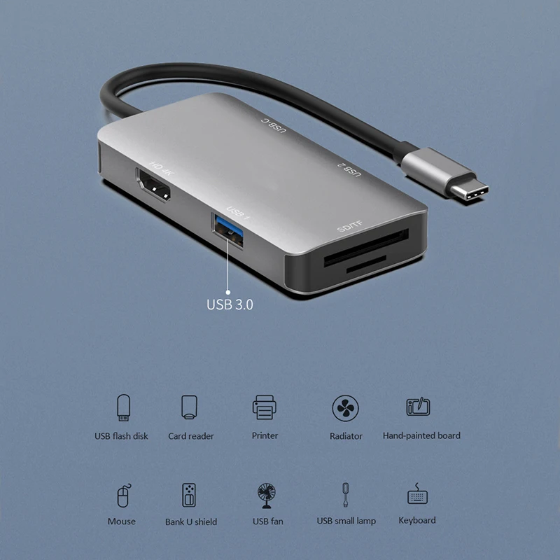 6 In1 Multiport Type-c Hub With 4k Hd/usb3.0/hub/card Reader/pd Dock ...