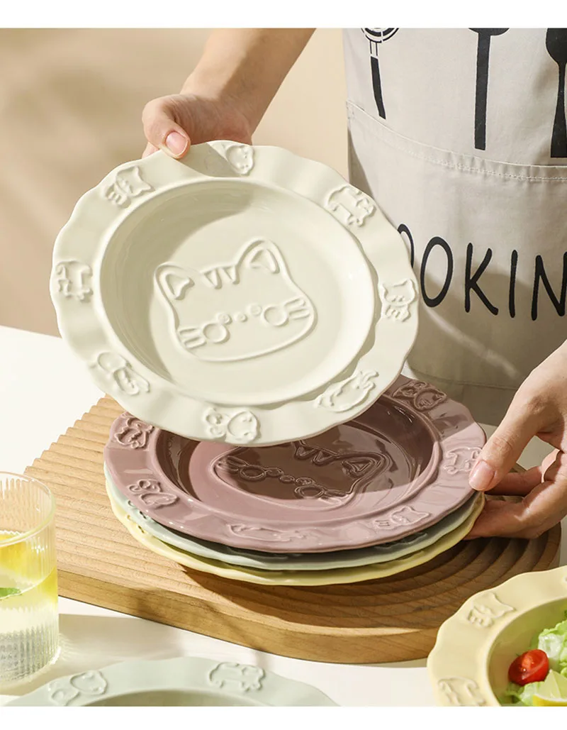 Ins Style Cute Cat Relief Ceramic Plates - Perfect for Parties
