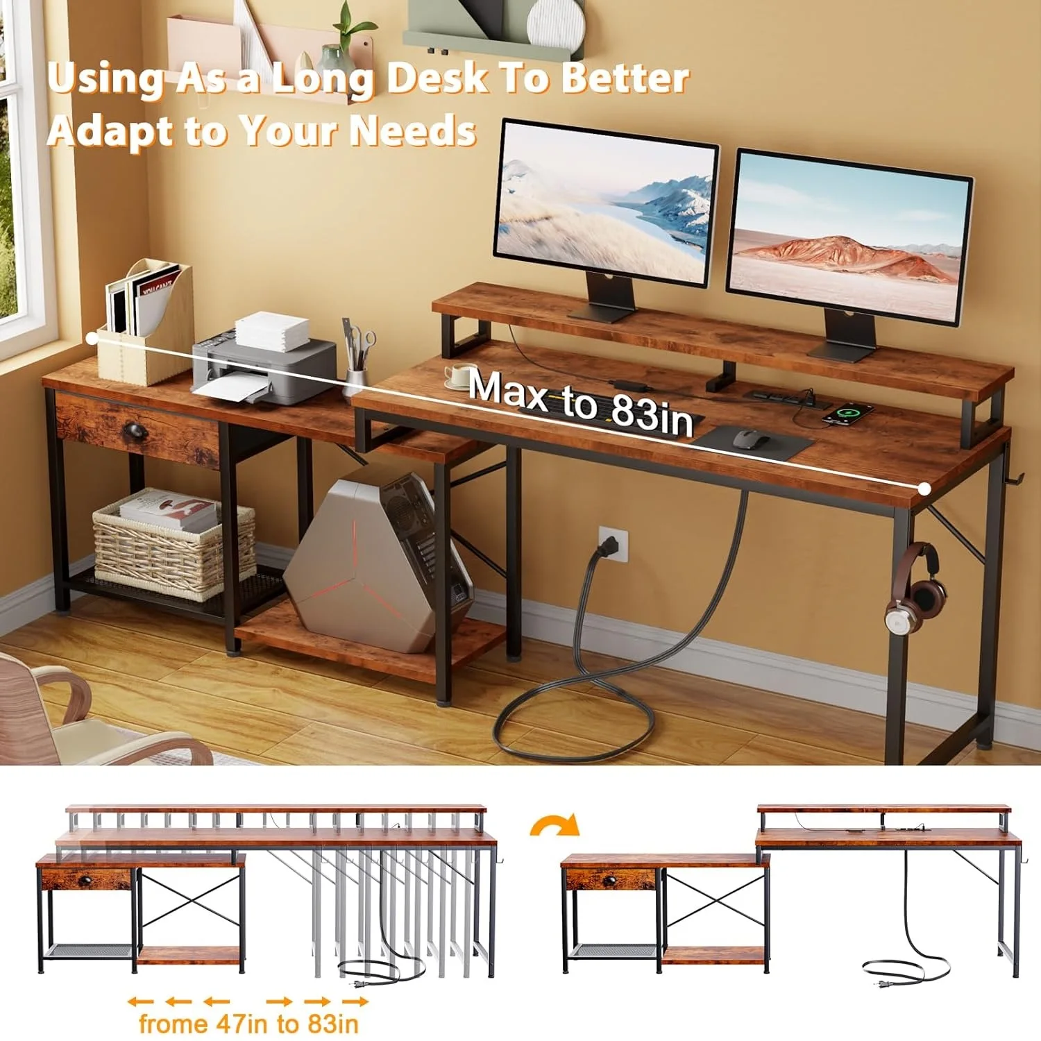 L Shaped Computer Desk With Drawer,Long Desk With Led Lights & Power ...