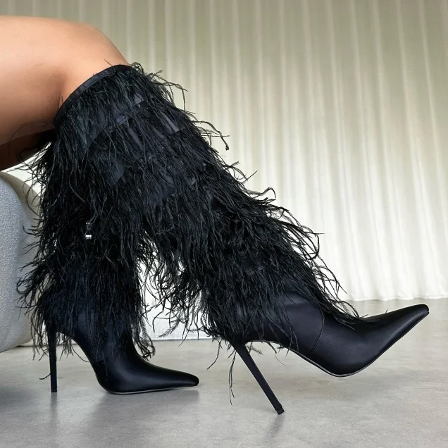 New Design Fashion Ostrich Feather Fluffy Stiletto Knee High Boots ...