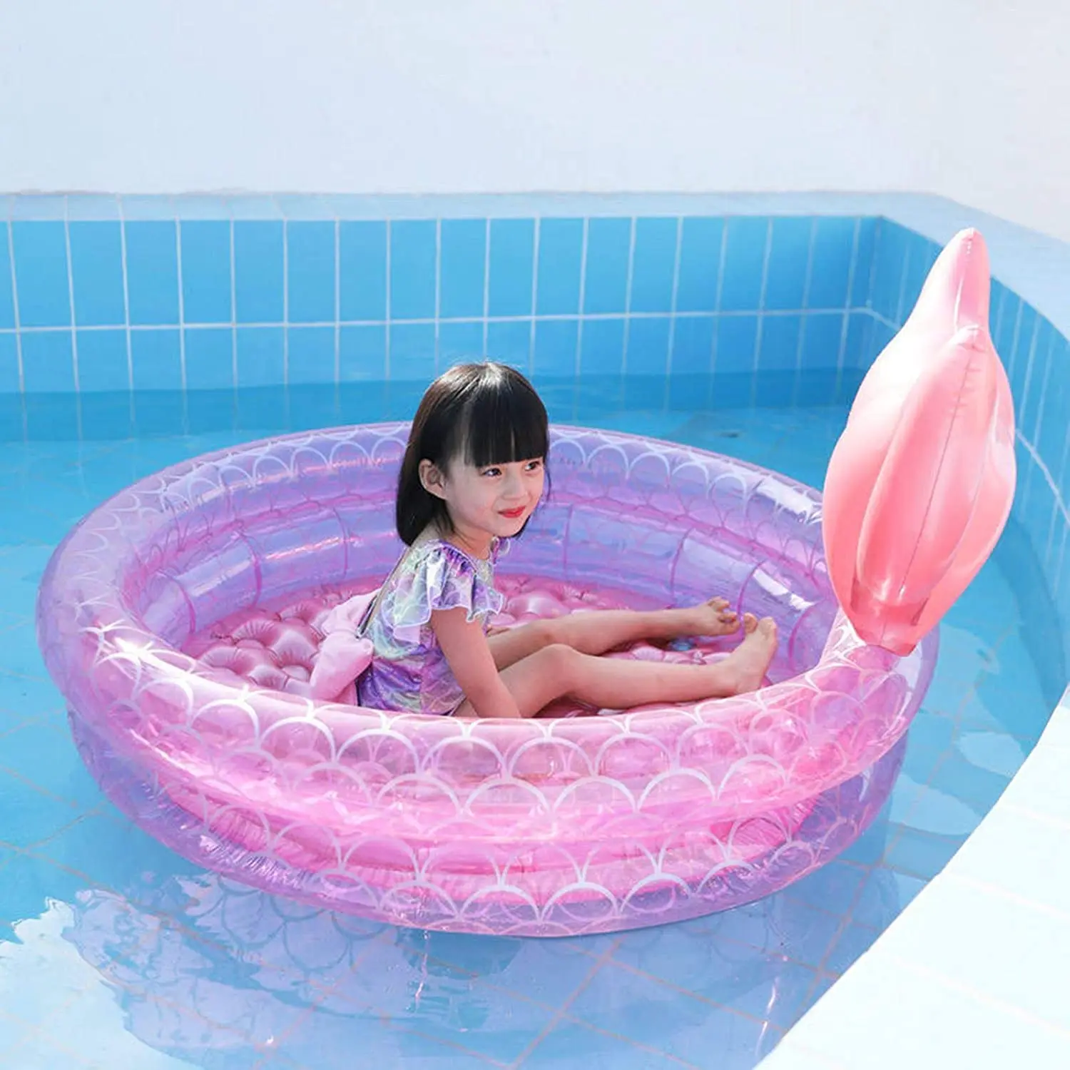 2 Rings Pink Inflatable Mermaid Tail Water Pool Home Round Swimming ...