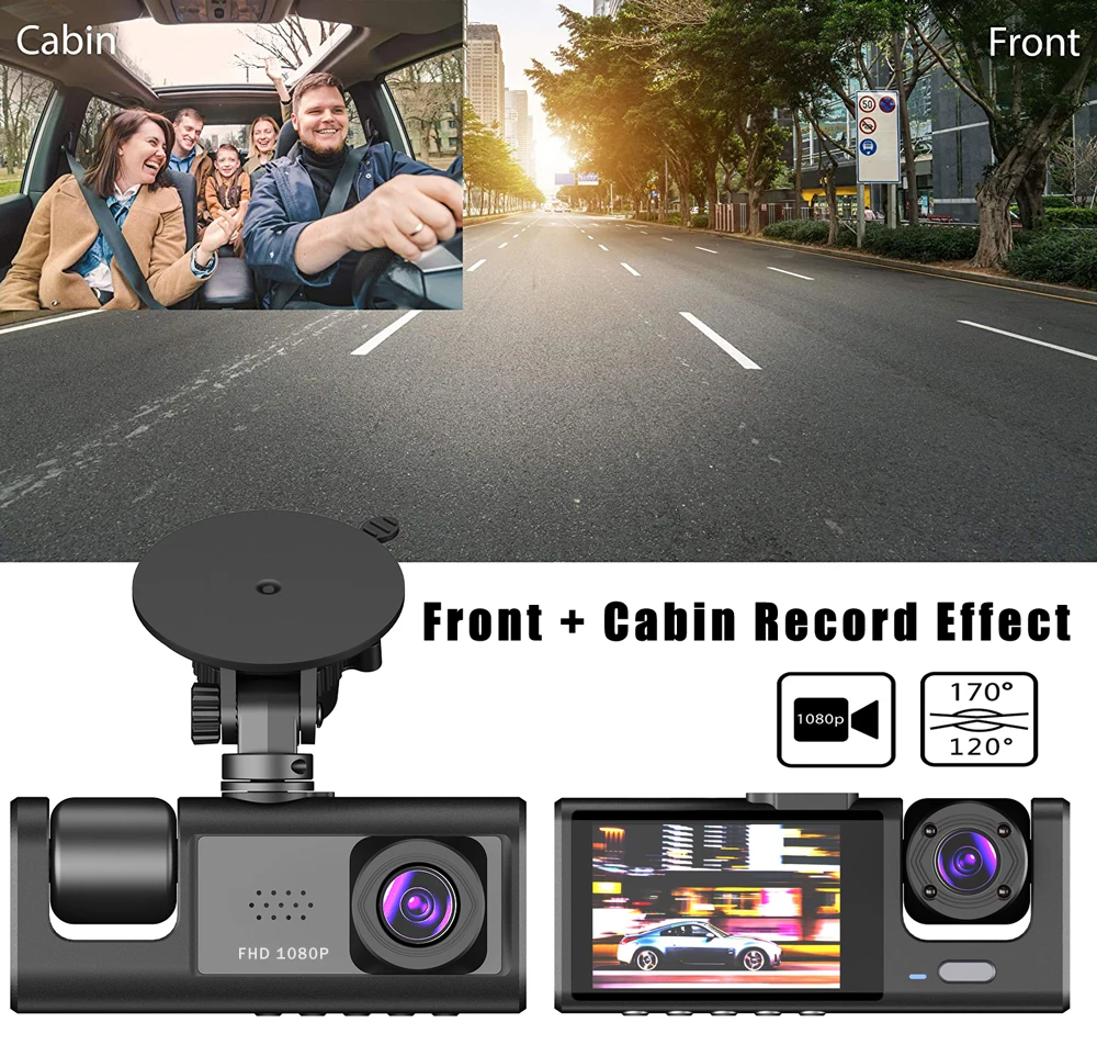3 Channel Car DVR HD 1080P 3-Lens Inside Vehicle Dash Cam Three Way ...