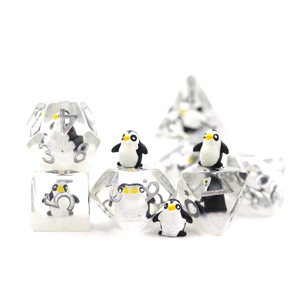 Clear Polyhedral Resin DND Dice Set Round Edge With Penguins Inside DND ...