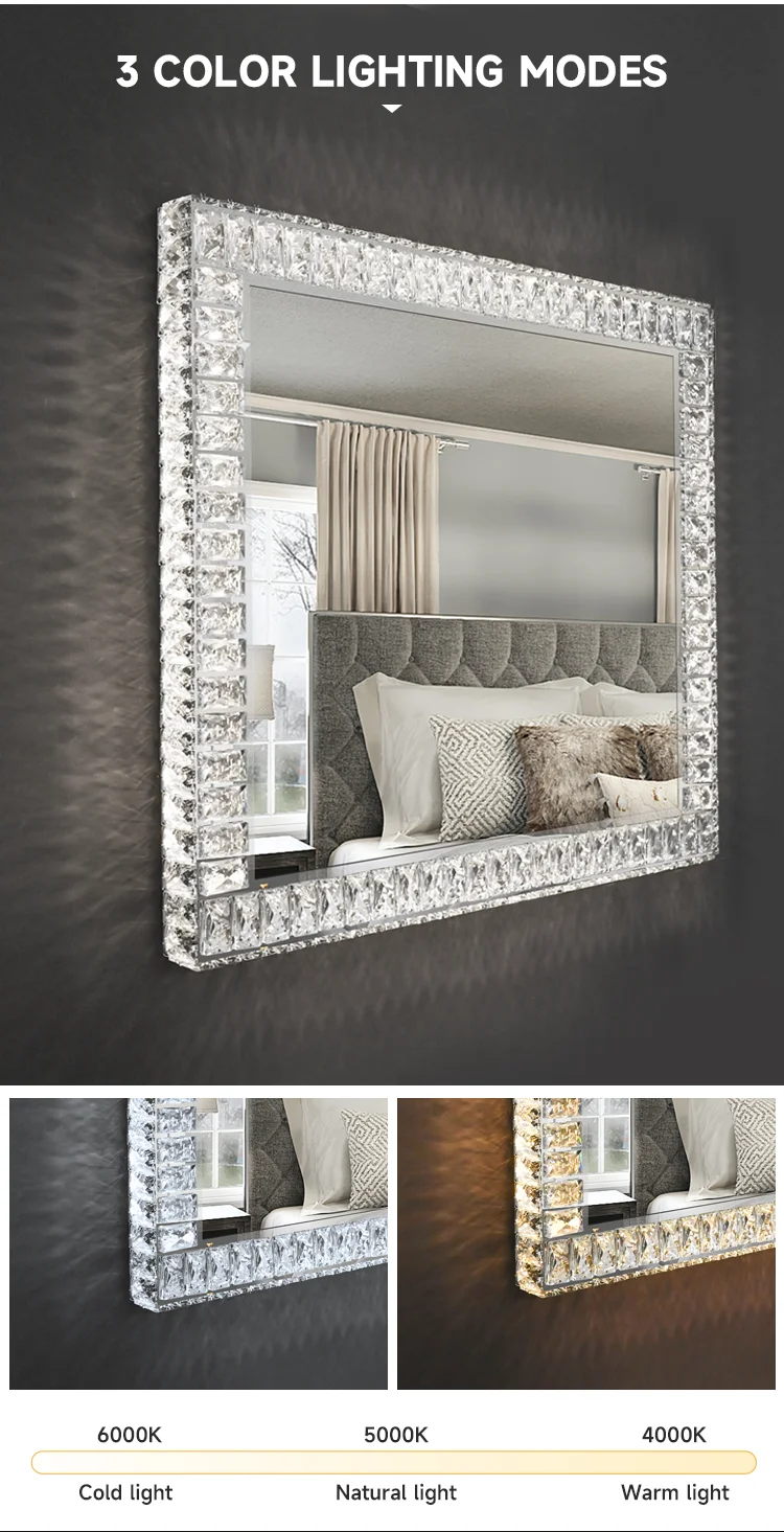 Three Color Lights Diamond Luxury Wall Mounted Vanity Mirror Crystal ...