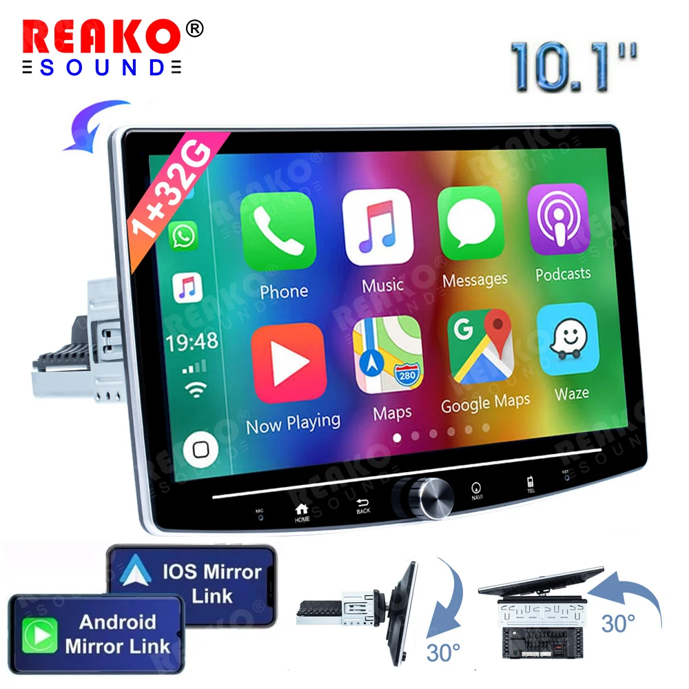 Car Stereo 1 Din Rotatable 10.1'' with Carplay & Android Auto