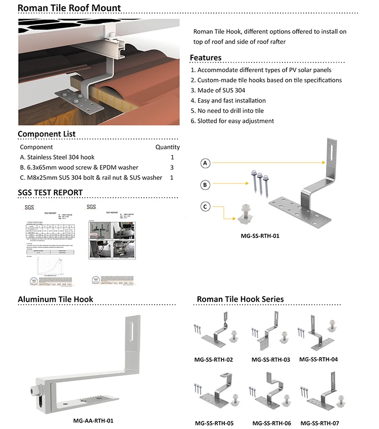 Roman Tile Roof Solar PV Hook Mounting System Customizable SUS 304 Tile ...