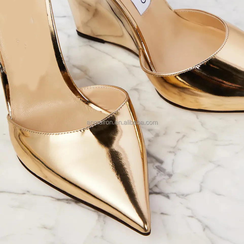 Anmairon Ankle Strap Shiny Gold PU Leather Wedge Heels