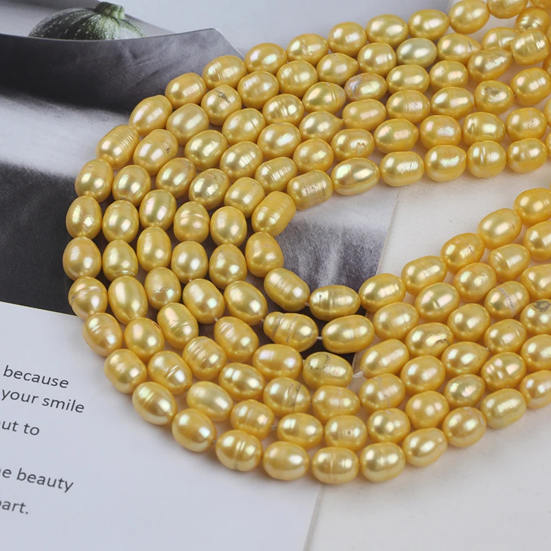 8-9mm Cultured Pearls Rice Shape Gold Color Freshwater Pearl Strand For ...