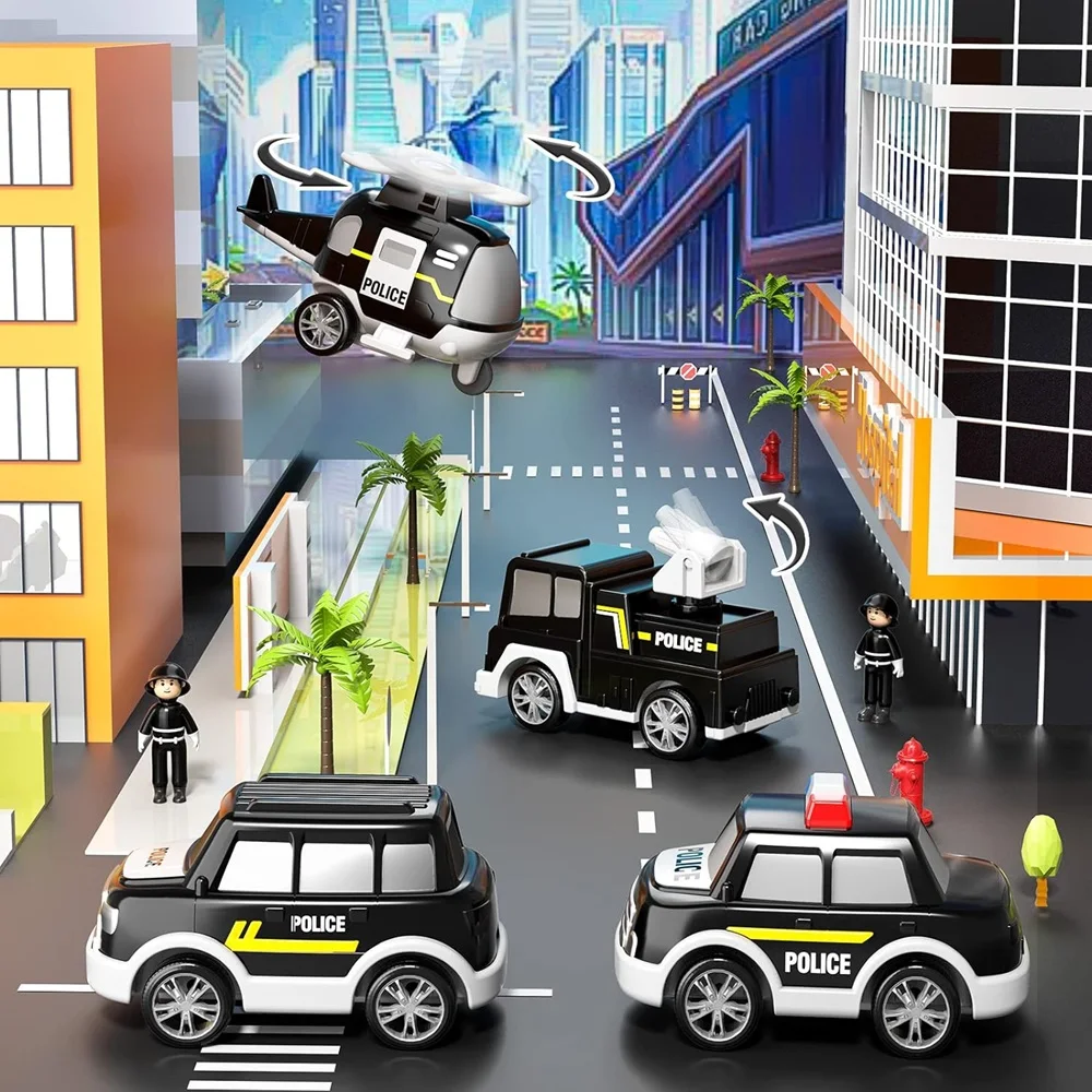 Kids Police Toy Set - 5-in-1 Friction Power Emergency Vehicles