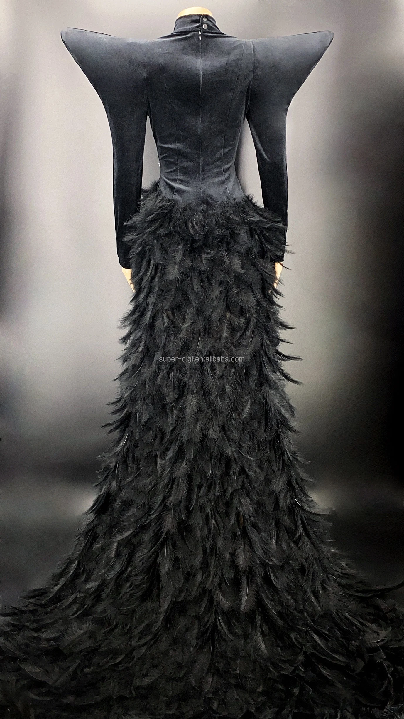 Singer Sexy Stage Show Costume - Black Feather Tail Dress