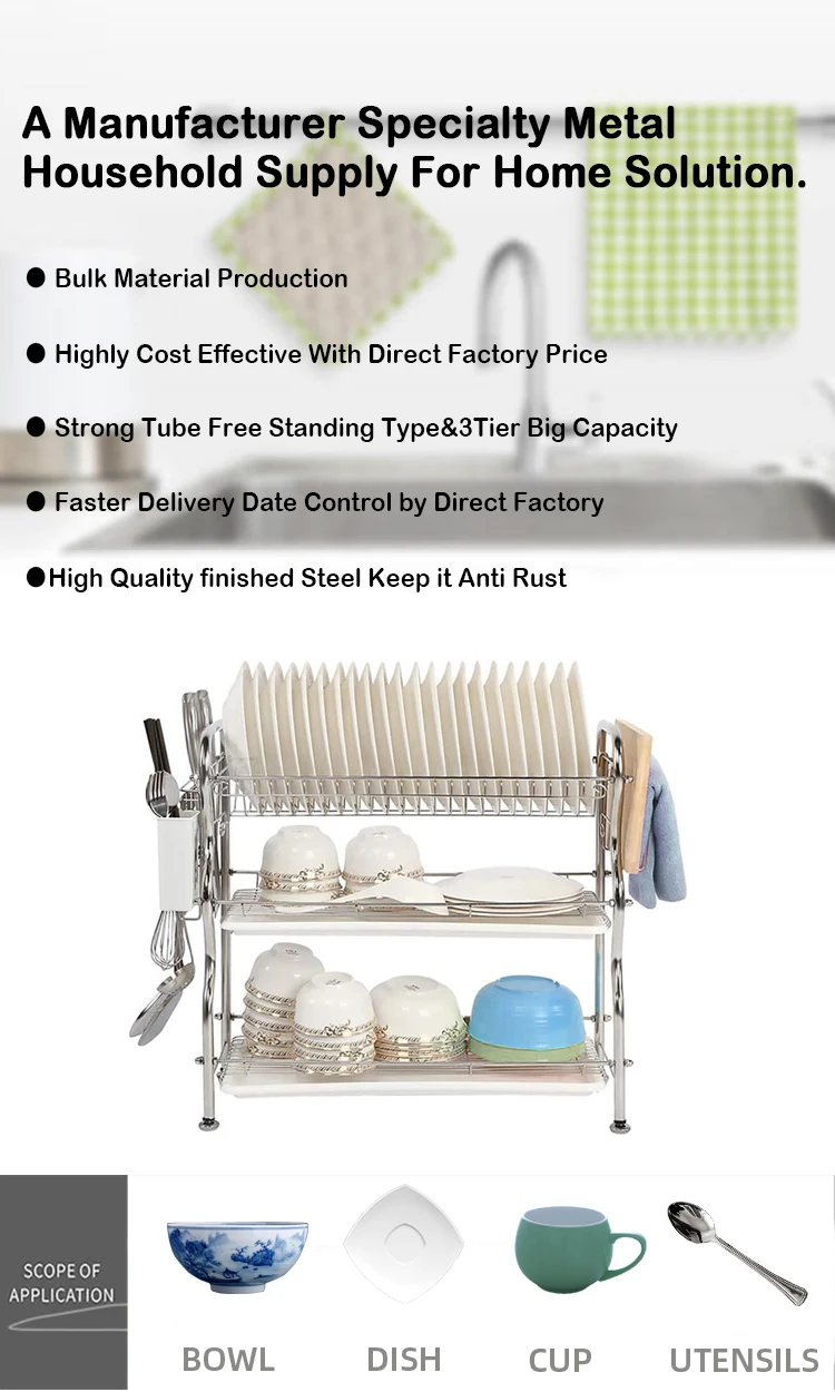Stainless Steel 3 Tier Dish Dry Freestanding Kitchen Cabinet Tableware ...