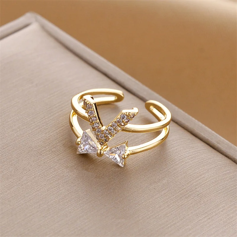 Luxury Adjustable 18k Gold Pearl Zircon Heart Butterfly Ring