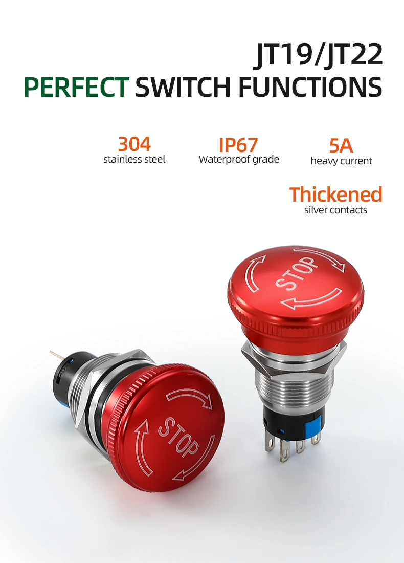 22mm Red Emergency Stop Push Button Switch Ip67 Stainless Steel - Oem