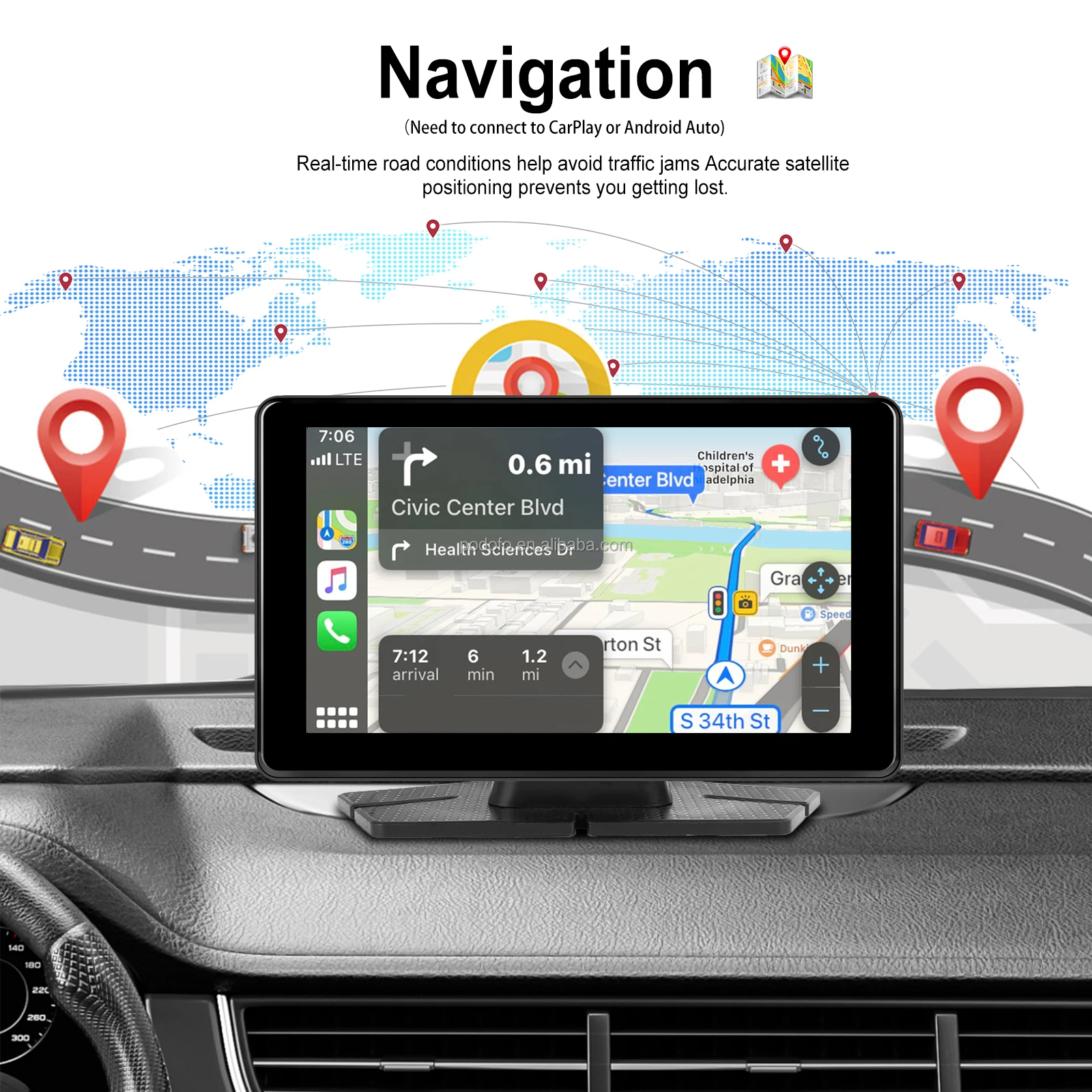 Podofo Portable Smart Carplay Screen - 7 Inch Touch Radio