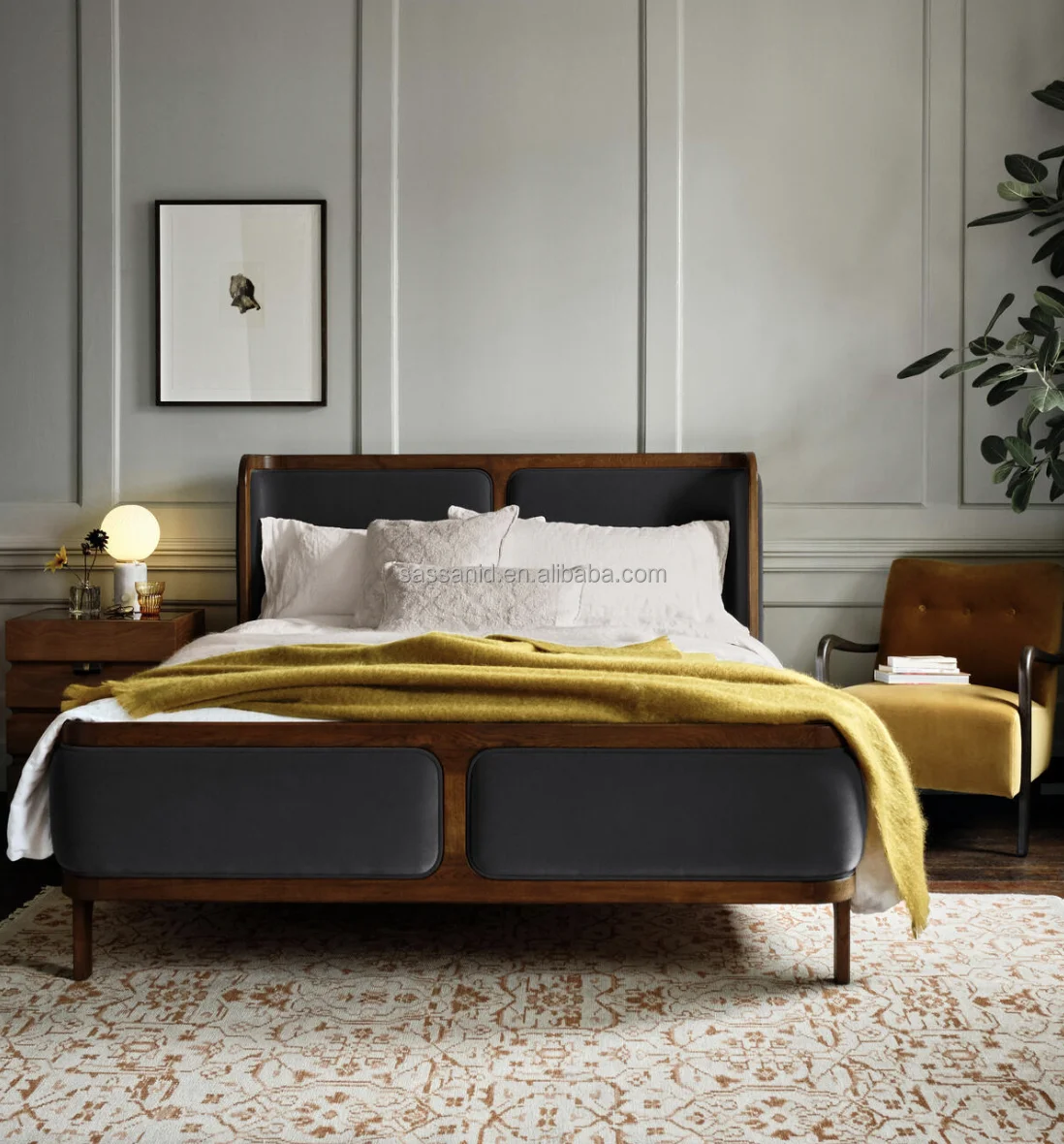 Sassanid Mid Century-Style Velvet Bed - American Bedroom Set