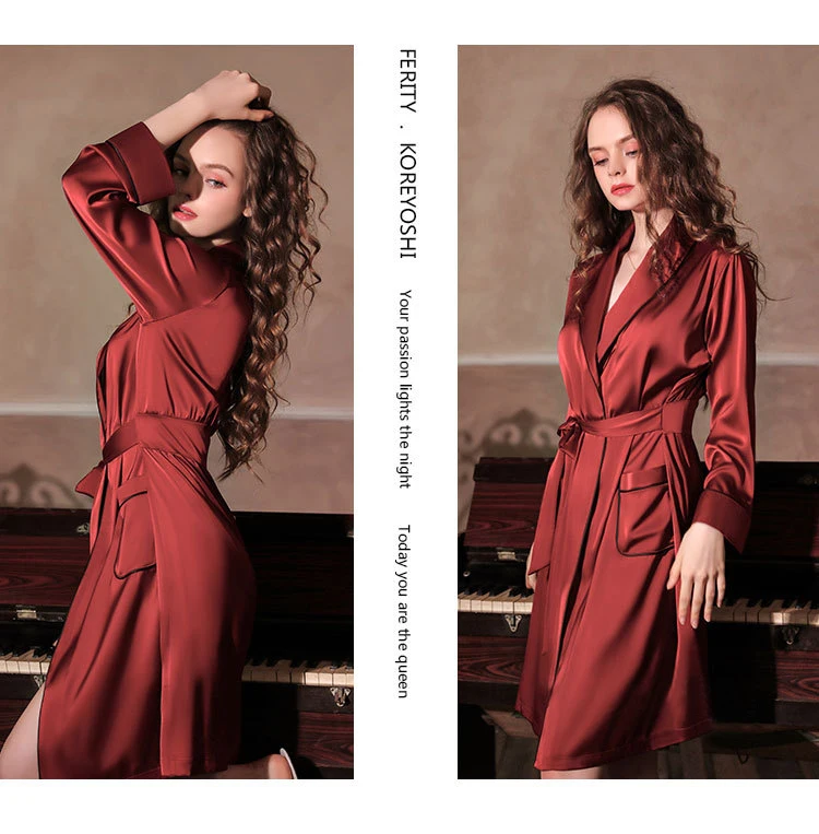 Kimono Robe Contrast Eyelash Pajamas Belted Luxury Long Sleeve ...