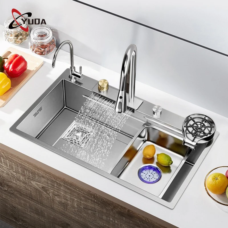 LED Digital Display Waterfall Kitchen Sink - 304 Stainless Steel