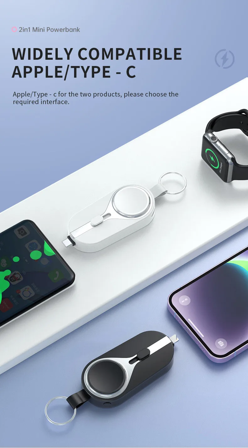 2000mah Portable Emergency Charging Bank Keychain Ios Type-c Plug ...